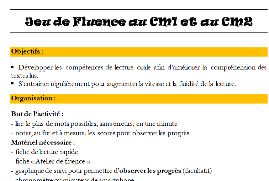 Jeu de Fluence au CM1 et au CM2 - CMP - Ressourcerie